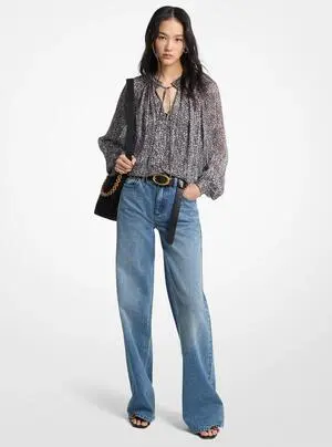 Michael Kors Metallic Printed Georgette Tie-neck Blouse - Black
