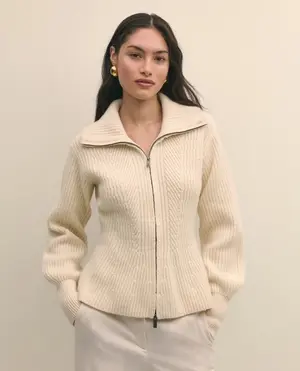 Brooks Brothers Merino Wool Blend Peplum Zip Cardigan - Cream