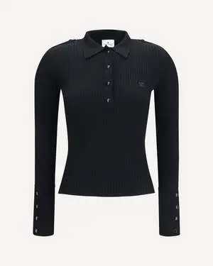 COURREGES Ribbed Knit Polo Shirt With Buttoned Details - Black