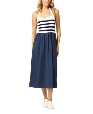 Central Park West Halterneck Striped Midi Dress - Navy Blue