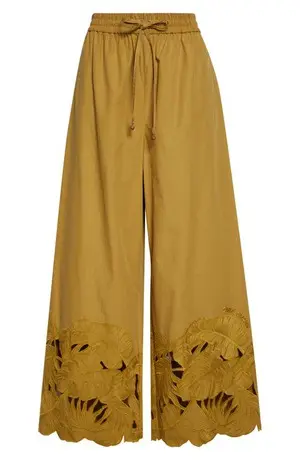 Zimmermann Mahon Embroidered Cutwork Cotton Wide Leg Ankle Pants