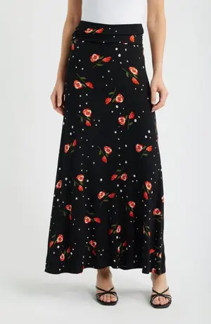 Loveappella Floral Print Maxi Skirt - Black/red