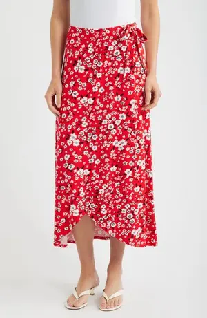 Loveappella Floral Faux Wrap Knit Midi Skirt - Red