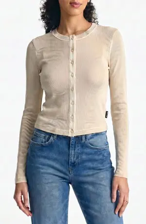 Brooklyn Industries Button Front Long Sleeve Rib Top - Sandshell