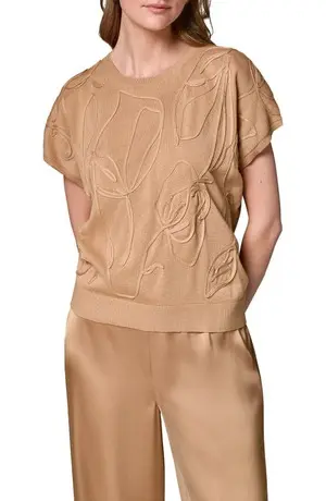 Donna Karan New York Embroidered Short Sleeve Cotton Sweater - Fawn