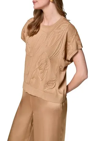 Donna Karan New York Embroidered Short Sleeve Sweater - Fawn