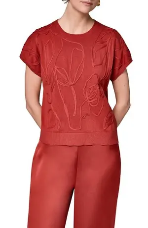 Donna Karan New York Embroidered Short Sleeve Cotton Sweater - Sunbaked