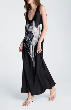 KENNETH COLE Sleeveless Floral Print Satin Maxi Dress