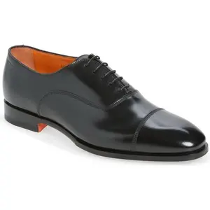 Santoni Burnished Calfskin Leather Lace-up Cap Toe Oxford - Black