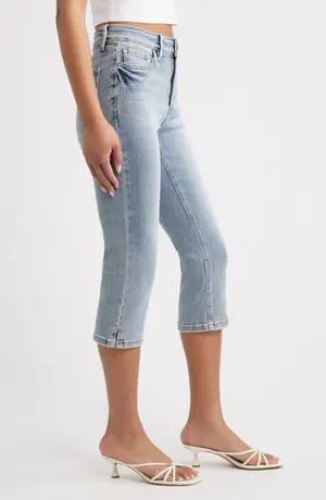 YMI High Waist Capri Jeans With Side Slit Hems - Light Blue