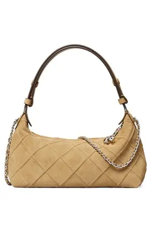 Tory Burch Fleming Quilted Suede Shoulder Bag - Stone