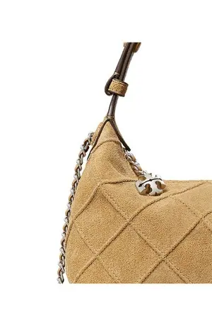 Tory Burch Fleming Quilted Suede Shoulder Bag - Stone