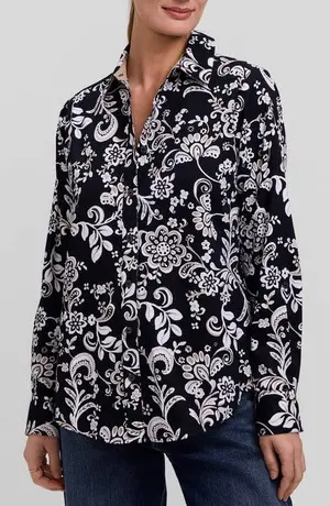 Foxcroft Margie Daisy Cotton Button-up Shirt - Black/multi