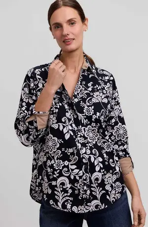 Foxcroft Margie Daisy Cotton Button-up Shirt - Black/multi