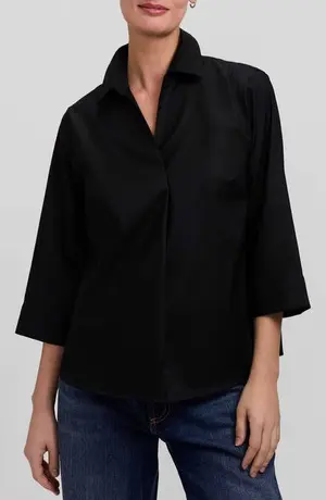 Foxcroft Cleo 3/4 Sleeve Pleated Cotton Blend Shirt - Black