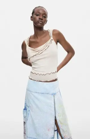 Desigual Graphic Print Straight Midi Denim Skirt