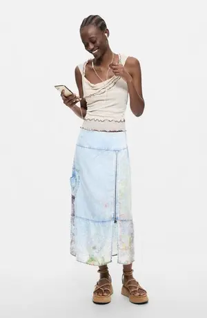 Desigual Graphic Print Straight Midi Denim Skirt