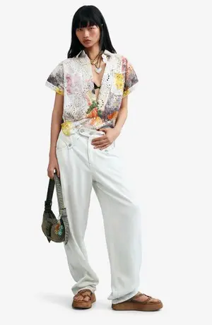 Desigual Floral Print Eyelet Button-up Shirt
