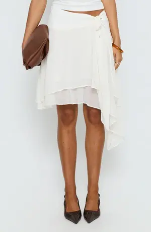 Princess Polly Ophella Tie Waist Tiered Chiffon Midi Skirt - Cream