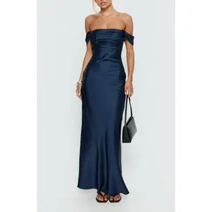 Princess Polly Azura Off The Shoulder Satin Gown - Navy