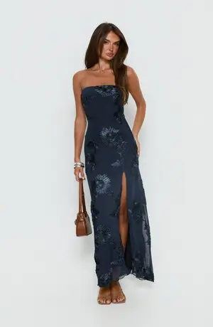 Princess Polly Maribeth Strapless Maxi Gown With Floral Appliqués And Side Slit