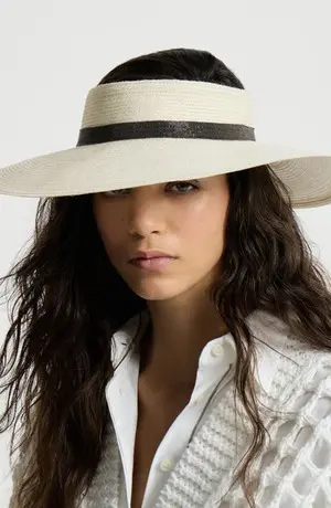 Brunello Cucinelli Straw Visor With Monili Decoration - White