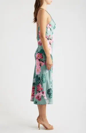 EMERALD SUNDAE Floral Print Twist Front Satin Slipdress