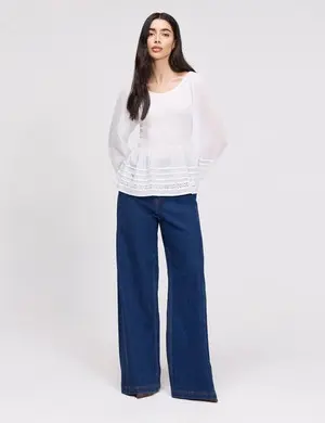 FINERY LONDON Jennie Shirred Long Sleeve Cotton Top - White