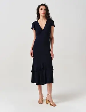 GHOST LONDON Corinne Frill Crepe Midi Dress - Navy