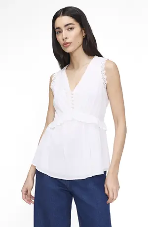 FINERY LONDON Cyma Sleeveless Lace Trimmed Cotton Voile Blouse - White