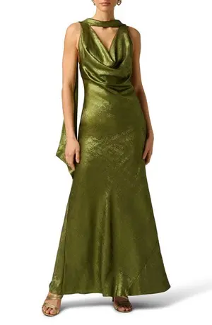 Adrianna Papell Sleeveless Gown With Cowl Neck And Draped Back - Dark Olive