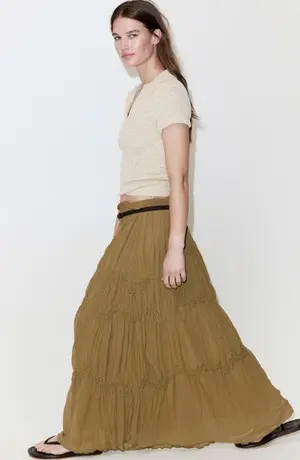 Mango Beaded Shirred Tiered Maxi Skirt