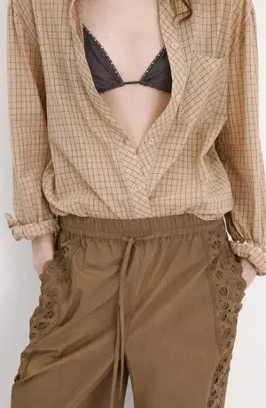 Mango Embroidered Side Stripe Cotton Drawstring Pants