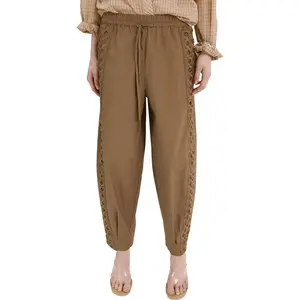 Mango Embroidered Cotton Drawstring Pants - Khaki