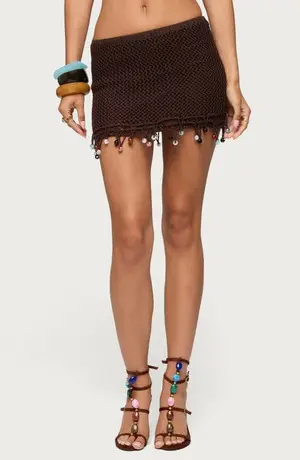 EDIKTED Bead Fringe Knit Miniskirt - Brown