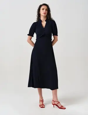 GHOST LONDON Jolene V-neck Frill Collar Midi Dress - Navy