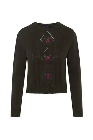 DICIANNOVE Cable Knit Embroidered Sweater - Dark Olive