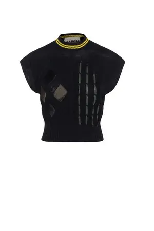 HASHTAG Cable Horse Hair Leather Trim Striped Neckline Knit Vest - Black