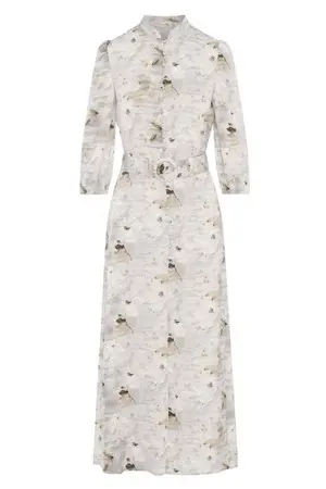 COCO DE LA MOUR Chiffon Button-front Belted Waist Maxi Dress - White/stone