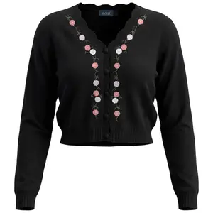 NONI Floral Embroidered Scalloped V-neck Knit Cardigan - Black