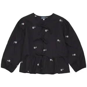 NONI Embroidered Bow Puff Sleeve Blouse - Black