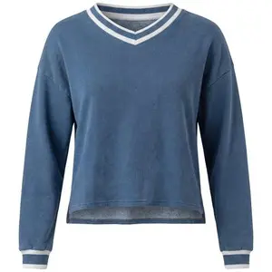 FYI French Terry V-neck Striped Rib Crop Top - Denim