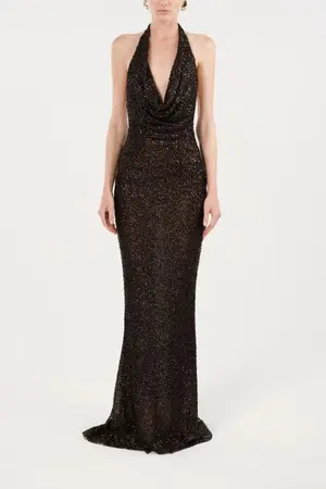 NOCTURNE Off-shoulder Sequin Embellished Maxi Dress - Brown
