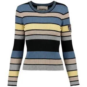 HASHTAG Multi Stripe Embroidered Sleeve Lightweight Knit Sweater - Black Multi