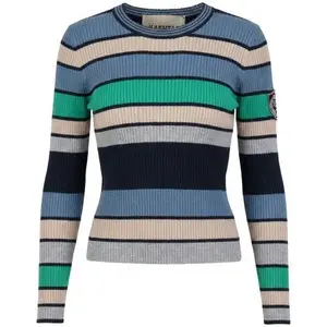 HASHTAG Multi Stripe Embroidered Sleeve Lightweight Knit Sweater - Navy/multi