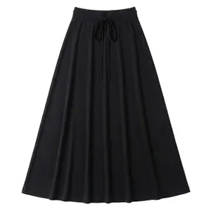 POSITIVE Ribbed Drawstring Elastic Waist Maxi A-line Skirt - Black