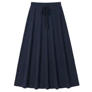 POSITIVE Ribbed Drawstring Elastic Waist Maxi A-line Skirt - Dark Navy