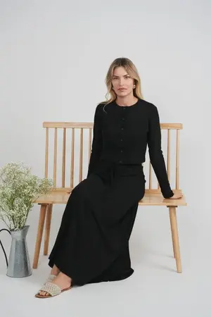 POSITIVE Ribbed Drawstring Elastic Waist Maxi A-line Skirt - Dark Navy
