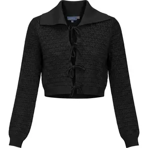 NONI Noni Eyelet Knit Lace-Up V-Neck Sweater Black