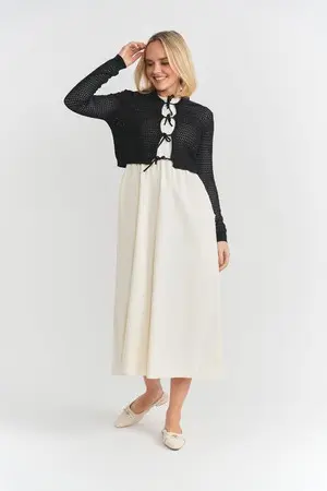 NONI Eyelet Knit Lace-up V-neck Sweater - Blue